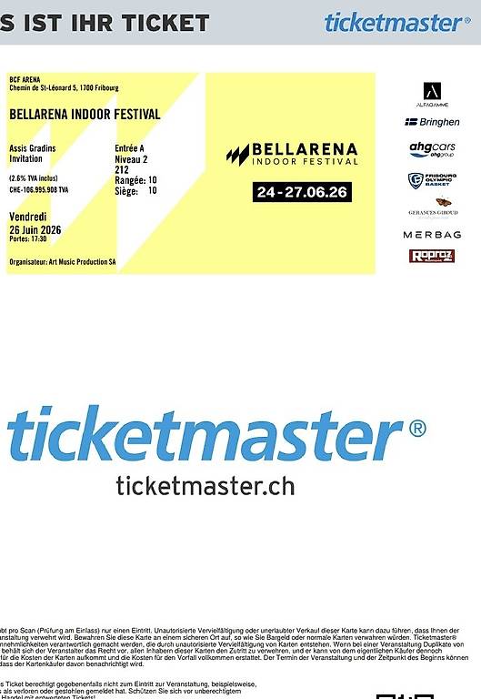 2 Tickets Bellarena Indoor Festival 26.06.26 im Kanton Zürich - tutti.ch