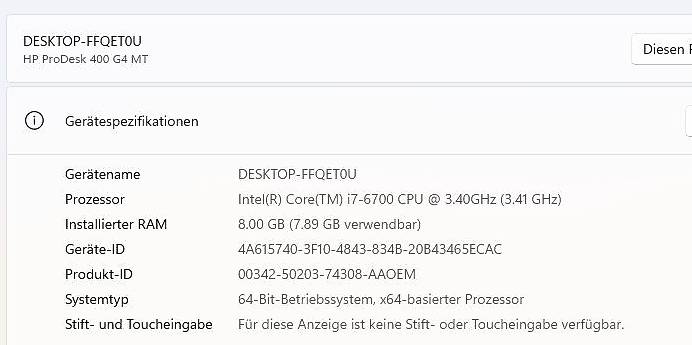 HP Prodesk i7-6700, 8 GB PC4 Ram, 256 GB NVME, 500 GB HDD(B) im Kanton ...