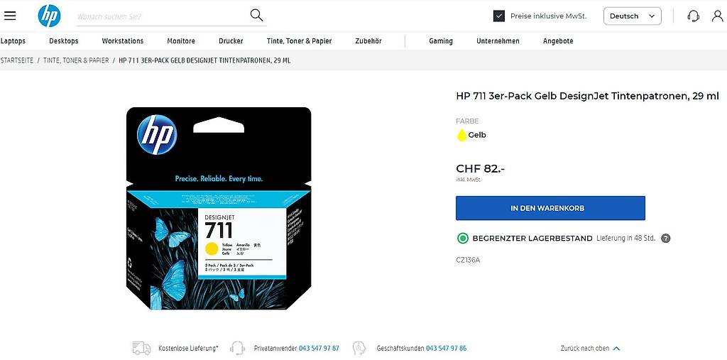 HP DesignJet T100/T120/T125/T130/T520/T530 Ink, 711 / CZ136A im Kanton ...