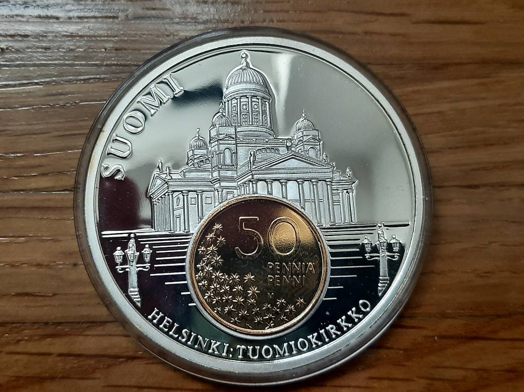 Medaille European Currencies Suomi mit vergoldeten 50 Penny im Kanton ...