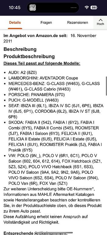Innenraumluftfilter LA120 von Mahle für Audi A2, Lamborghini im Kanton ...