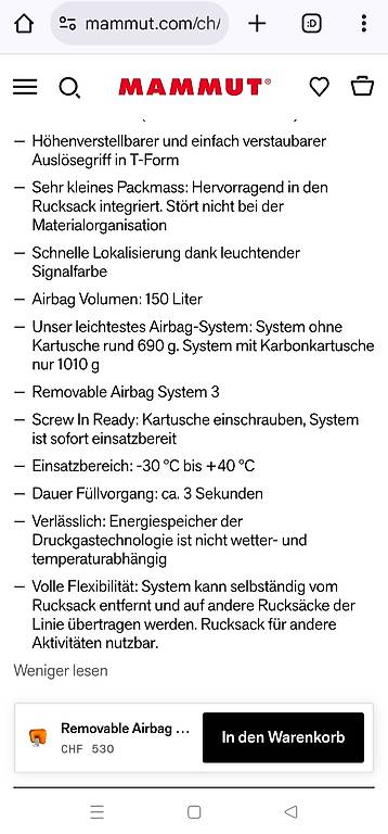 Mammut removable airbag system 3.0 NEW im Kanton Zürich - tutti.ch