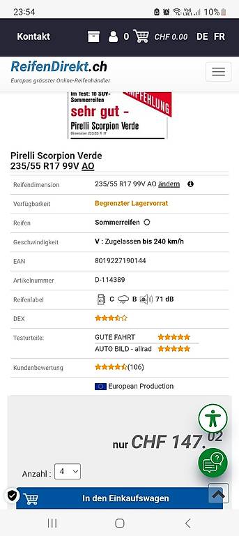 Neuwertige Sommerreifen Pirelli Scorpion Verde 235 55 R17 im Kanton Nidwalden - tutti.ch