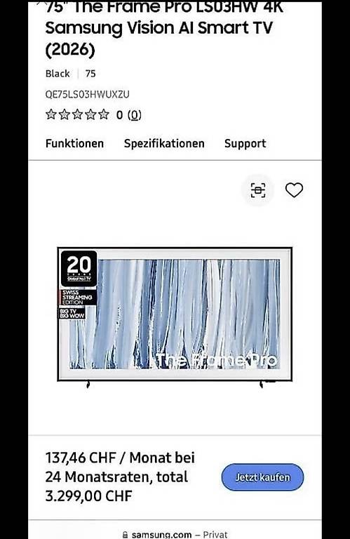 Samsung "the frame pro" 75 Zoll Neu im Kanton Zürich - tutti.ch